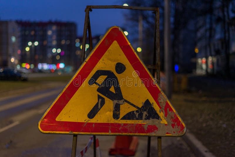 Road Sign Road Repair in the Evening City Stock Image - Image of repair ...
