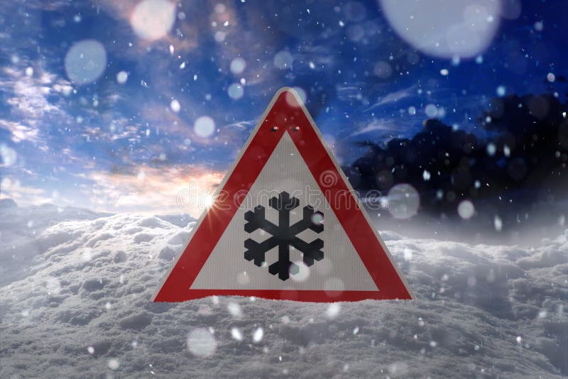 Road Sign Snow Warns of Snow and Ice in Winter, Warning Sign Stock ...