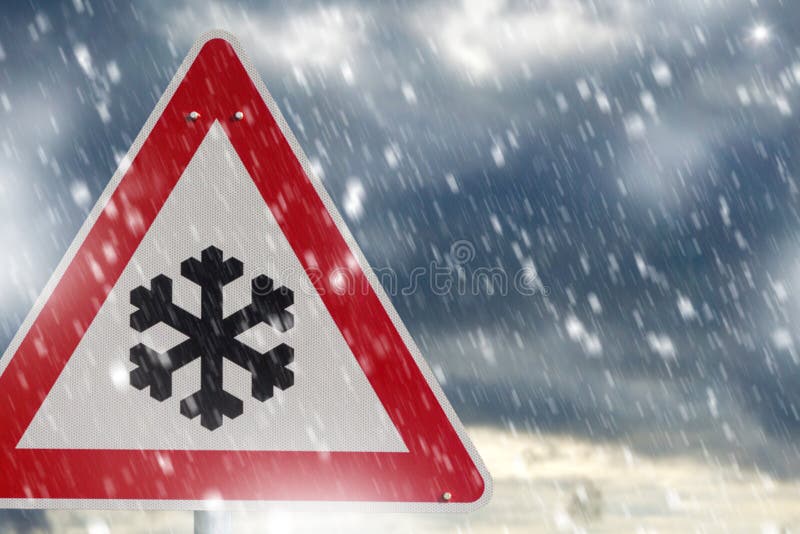 Road Sign Snow Warns of Snow and Ice in Winter, Warning Sign Stock ...