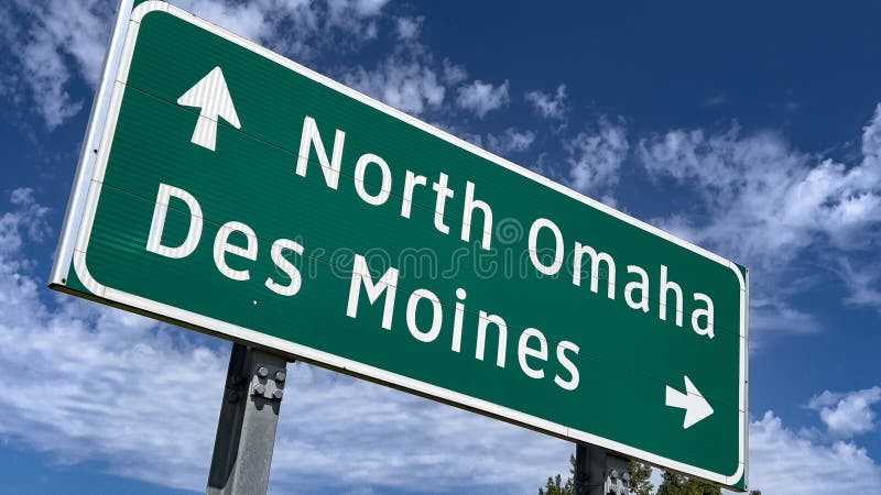 Road Sign To Des Moines and N Omaha Stock Photo - Image of road, color ...