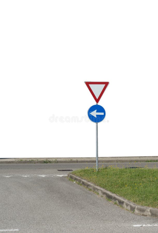 The Road Sign To Give Way and Mandatory Direction Stock Photo - Image ...