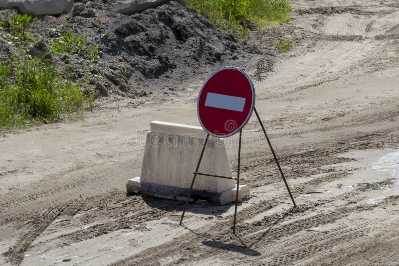 Road Sign Passage is Prohibited, Stop and Concrete Blocks with Inclined ... Road Sign Passage is Prohibited, Stop and Concrete Blocks with Inclined ...