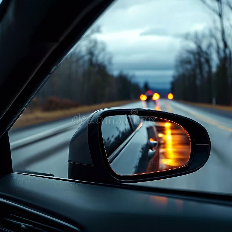 Road Sign a View in the Rearview Mirror of a Road Sign or Warni Stock ...