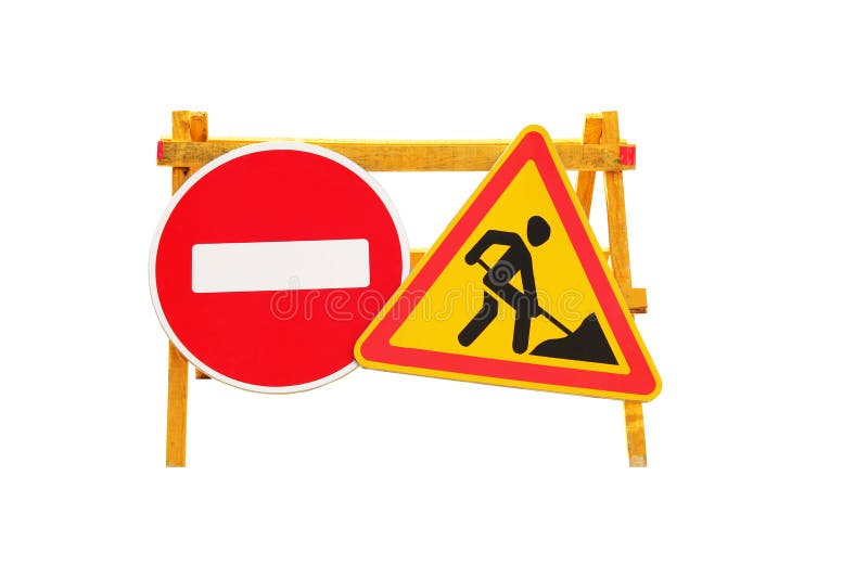 Road Sign on a White Background. Work Repair Sign Stock Photo - Image ...