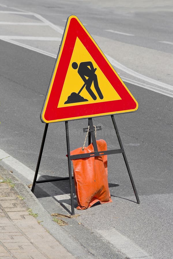 Road Sign for Works in a Road Construction Site Stock Photo - Image of ...