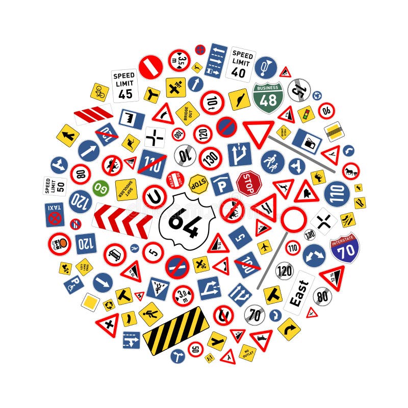 Road Signs Arranged in Circle Shape Isolated on White Stock ...