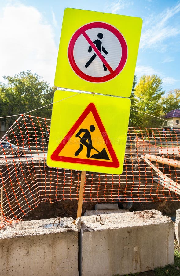 Road Signs at the Construction Site in Summer Stock Photo - Image of ...