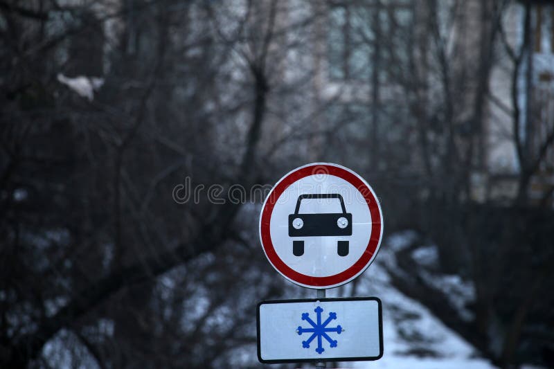 Road Signs Forbidden To Drive when it Snows Stock Photo - Image of road ...