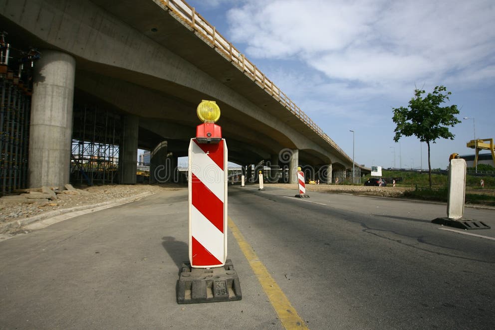Road Signs in a Highway on Reconstruction Stock Photo - Image of blue ...