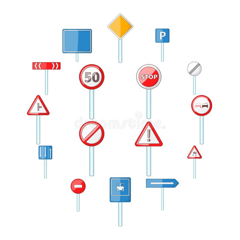 Road Signs Icons Set, Cartoon Style Stock Vector - Illustration of ...
