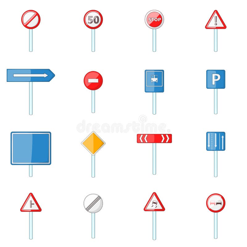 Road Signs Icons Set, Cartoon Style Stock Vector - Illustration of ...