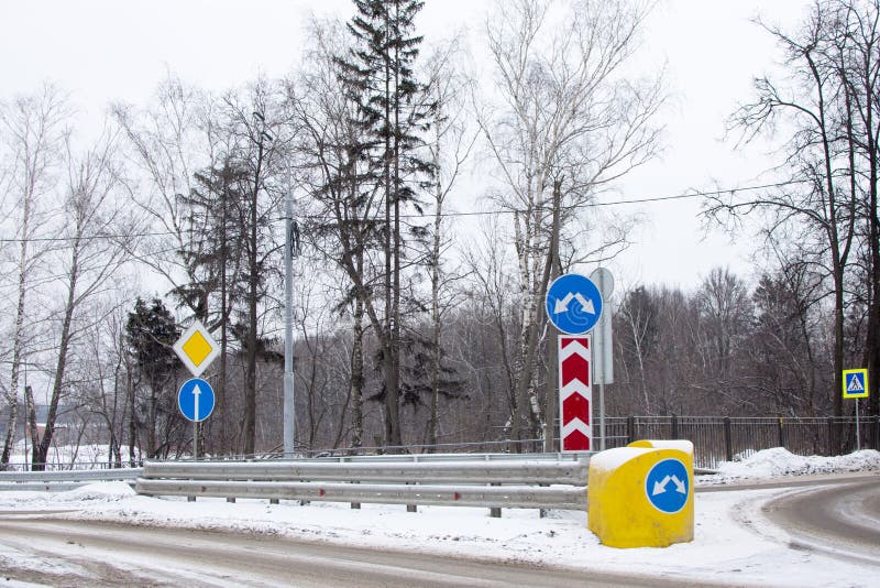 Road Signs at the Intersection. Winter Landscape Stock Image - Image of ...