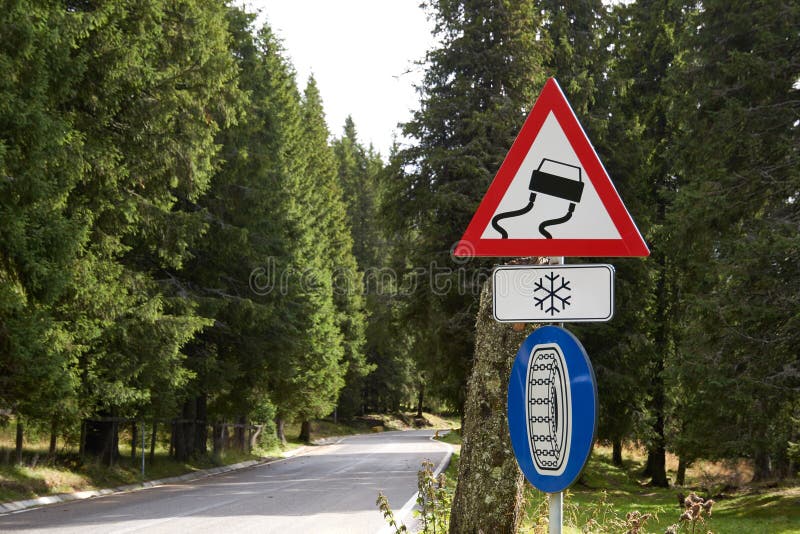 Road Signs on a Mountain Road: Warning Sign Stock Photo - Image of ...