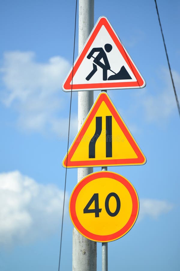 Road Signs Roadwork, Narrowing of the Road at the Left, Restriction of ...