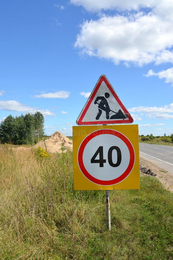 Road Signs Roadwork and Restriction of Maximum Speed of 40 Km Stock ...