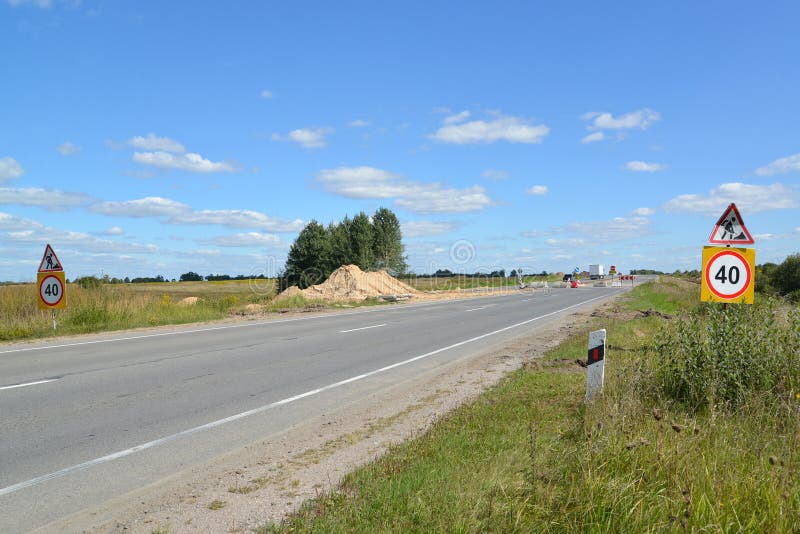 Road Signs Roadwork and Restriction of Maximum Speed of 40 Km on a Road ...