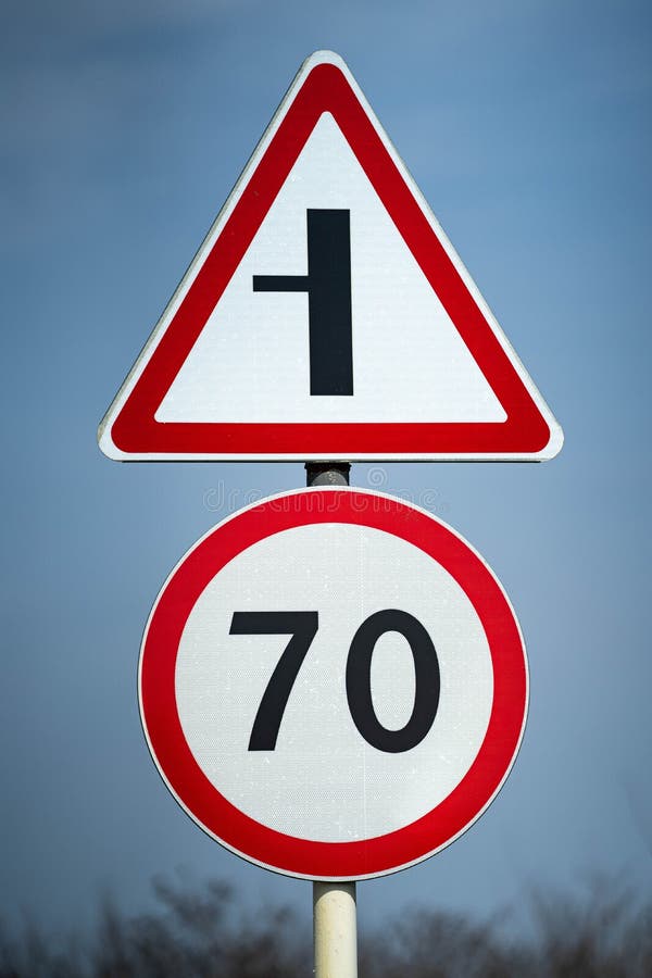 Road Signs Speed Limit 70 Km Per Hour. the Road Turns Left. Close Up ...
