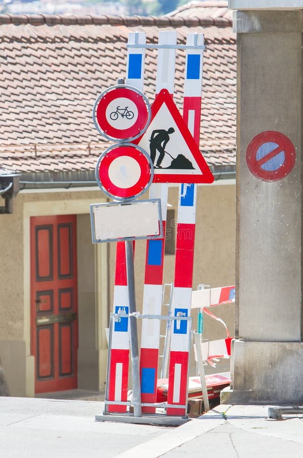Road Signs in a Street Under Reconstruction Stock Image - Image of ...