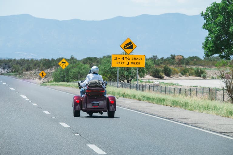 Road Signs and Three Wheeled Motorcycle. Stock Photo - Image of ...