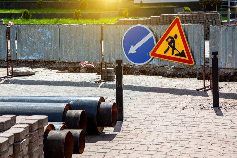 Road Signs! Road Works with Trucks and Traffic Signs. Road Blocked ...