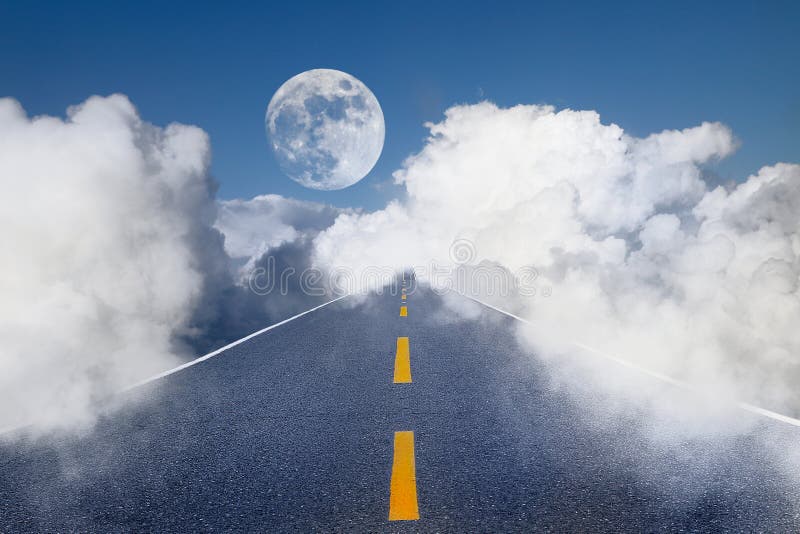 Road in the Sky, White Clouds and the Moon. Stock Photo - Image of ...