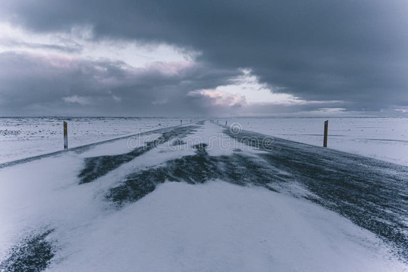 Road in a Snow Blizzard and Dark Clouds, Iceland Stock Image - Image of ...