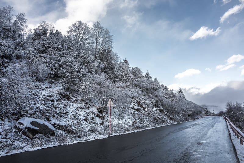 Road through Snow Over Mountains Stock Image - Image of highway, blue ...