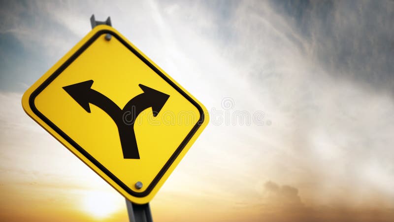 Road Split Sign on Setting Sun Background. Decisions Concept Stock ...