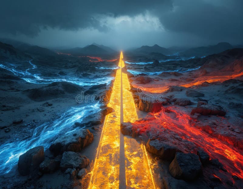 Road Splitting into Multiple Paths in Desert Landscape with One ...