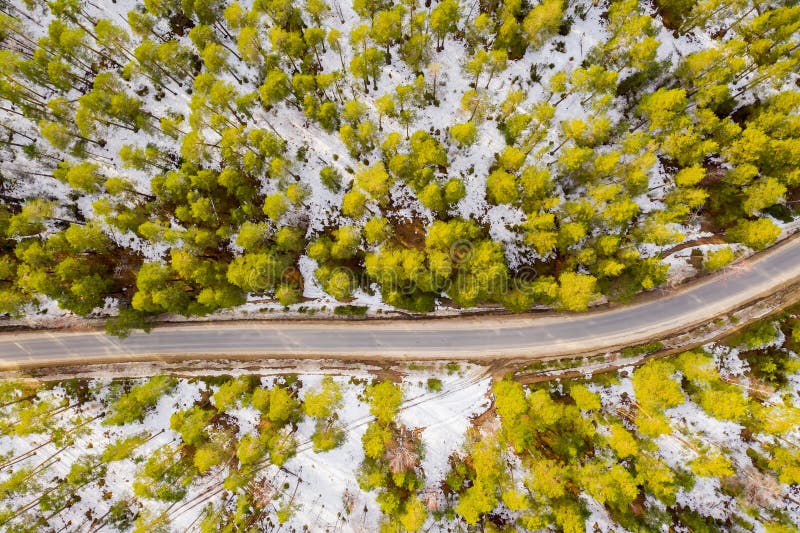 Road in the Spring Forest Top View. Snow Melts on the Side of the Road ...