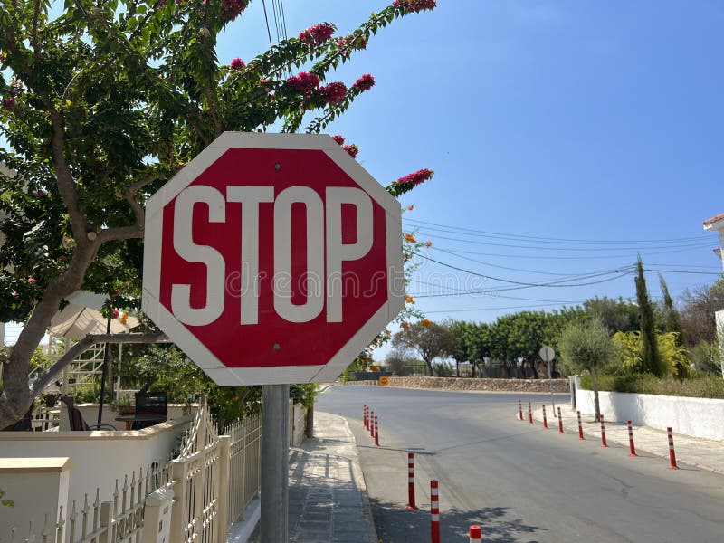 Road stop sign in Cyprus. stock image. Image of message - 312182673