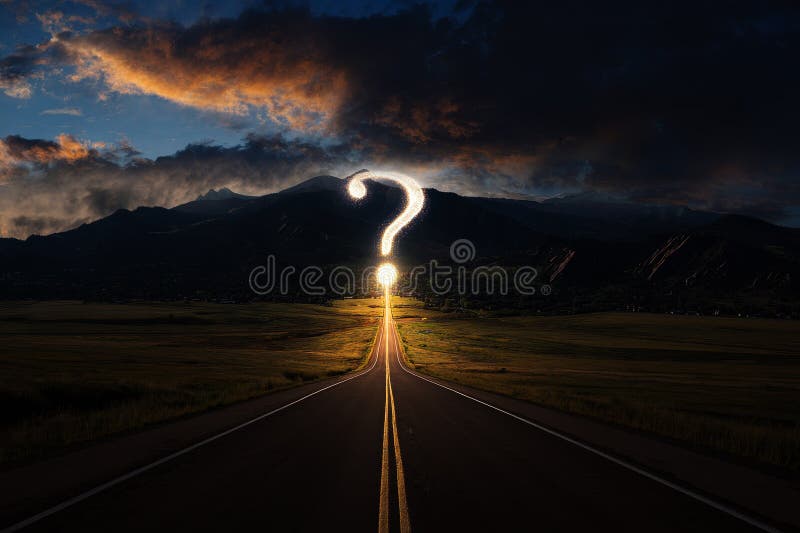 A Road Stretches Towards a Dramatic Lighting with a Big Question Mark ...