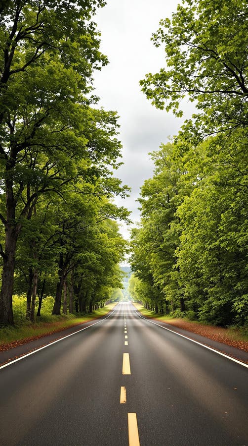 Road Stretching into Distance with Trees and Cloudy Sky Stock Photo ...