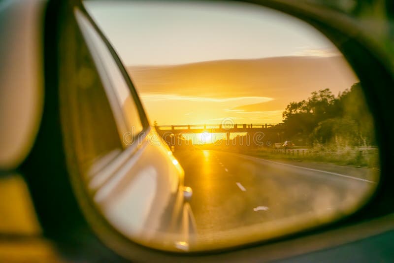 Road at Sunset As Seen from the Car Side Mirror Stock Photo - Image of ...