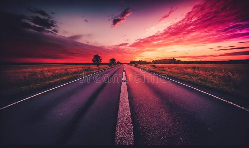 A Road with a Sunset in the Background and a Tree on the Side of the ...