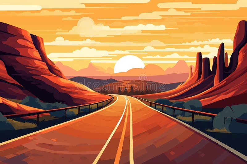 Road Sunset. Travel by Car. Wild West Stock Illustration - Illustration ...