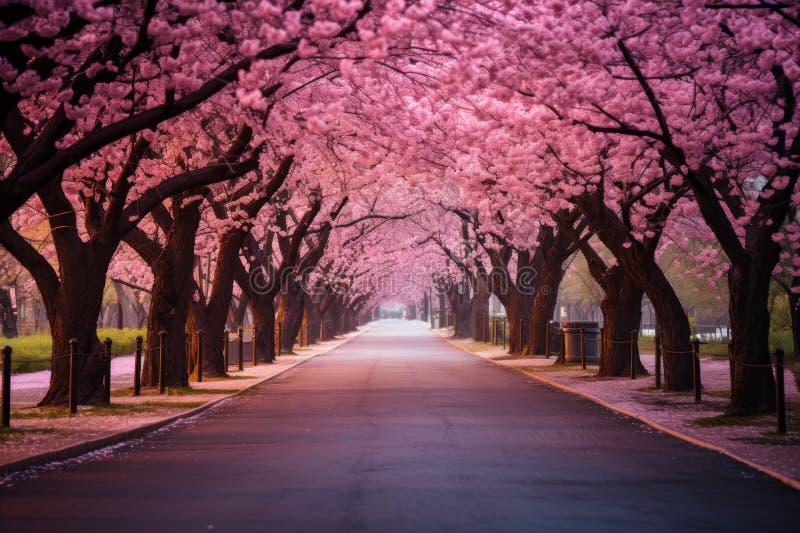 A Road Surrounded by Cherry Blossom Trees Stock Illustration ...