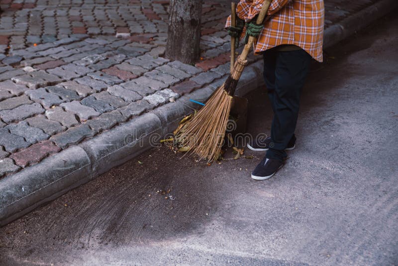 Road Sweeper Worker Cleaning City Street Stock Image - Image of foliage ...