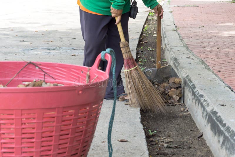 Road Sweeper Worker Cleaning City Street with Broom Tool Stock Image ...