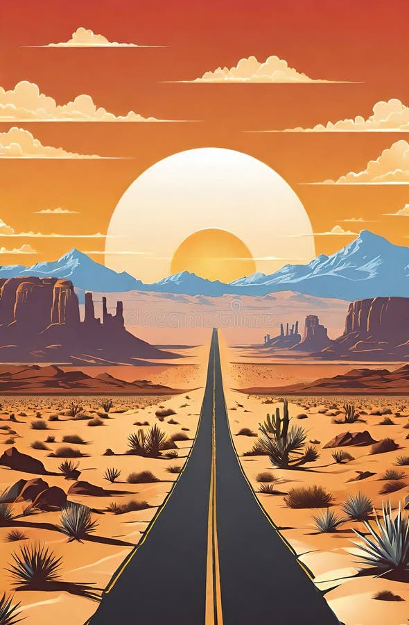 Road To the Horizon and Sunset in the Nevada Desert Stock Illustration ...