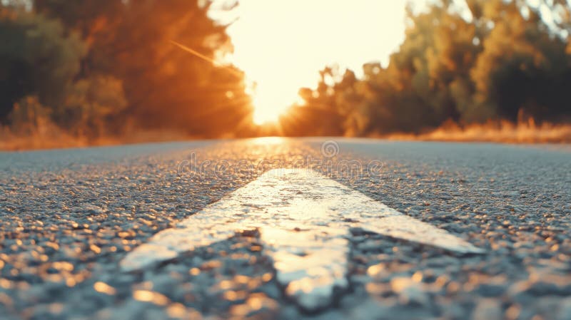Road To Sunset with Arrow Pointing Forward on Asphalt Surface Stock ...