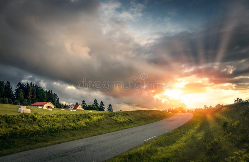 Road to Sunset stock photo. Image of road, clouds, house - 89339096