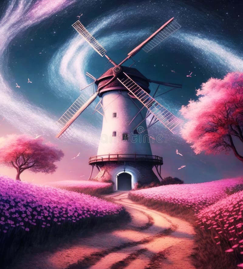 Road to the windmill stock illustration. Illustration of environment ...