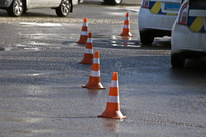 Road Traffic Cone on Accident Site Stock Photo - Image of hazard ...