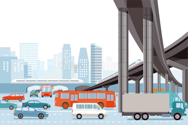 Road Traffic and Elevated Train Stock Vector - Illustration of artwork ...