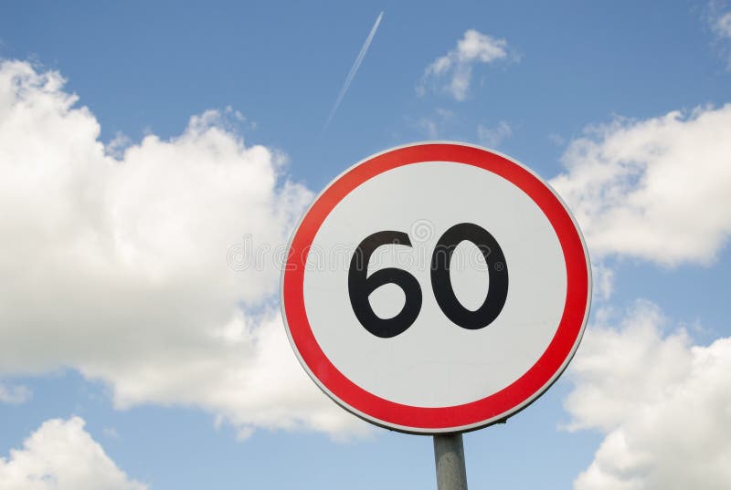 Road Traffic Round Sign Limiting Speed on Blue Sky Stock Photo - Image ...