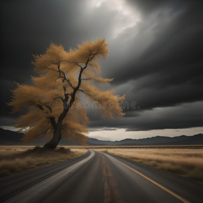 Road with a Tree and Stormy Sky. Generative Ai Stock Illustration ...