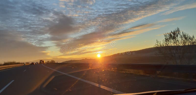 Road Tree Sun Orange Cars Blue Morning Stock Image - Image of cars ...