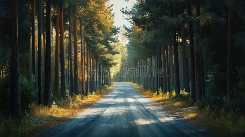 A Road with Trees on Both Sides Stock Illustration - Illustration of ...