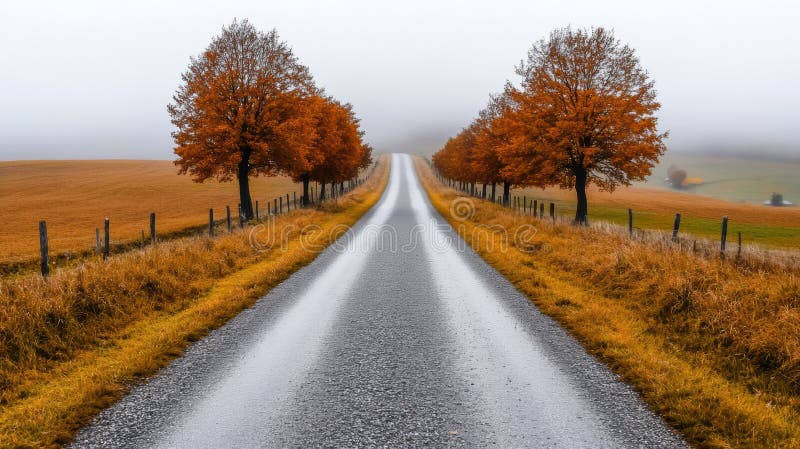 A Road with Trees on Both Sides of it in a Field, AI Stock Photo ...